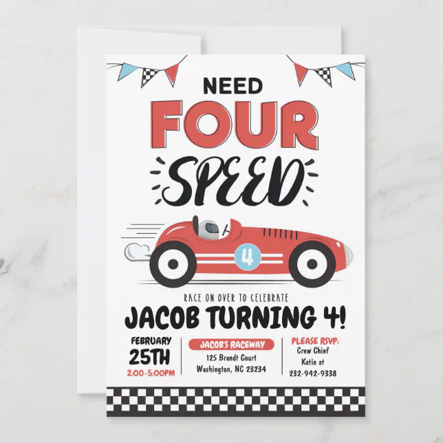 Need FOUR Speed Race Car Birthday Invitation | Zazzle