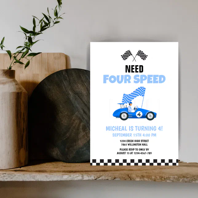 Need Four Speed Race Car Blue Fourth Birthday Invitation | Zazzle