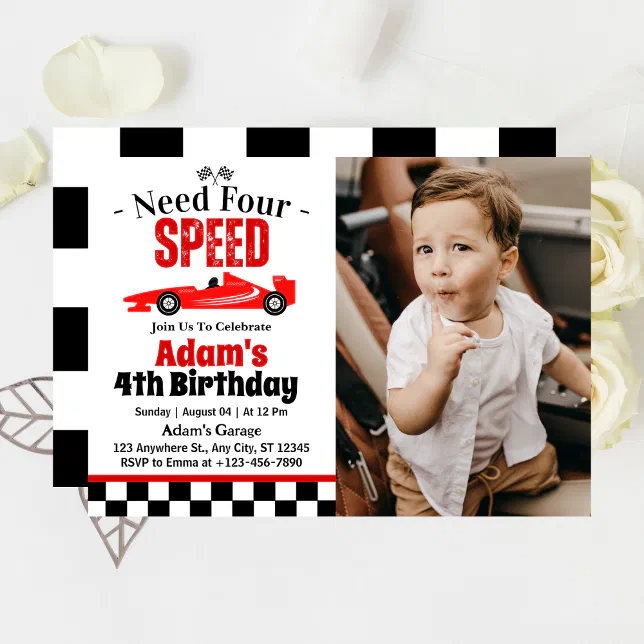 Need Four Speed Race Car Boy 4th Birthday Party Invitation | Zazzle