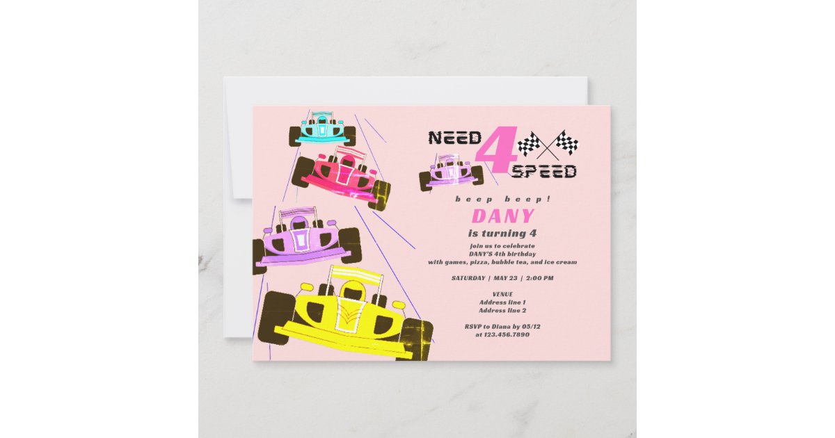 Need Four Speed Racer Girl Car Race 4th Birthday Invitation | Zazzle