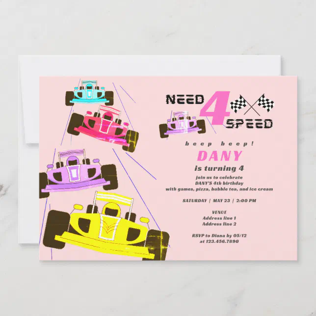 Need Four Speed Racer Girl Car Race 4th Birthday Invitation | Zazzle