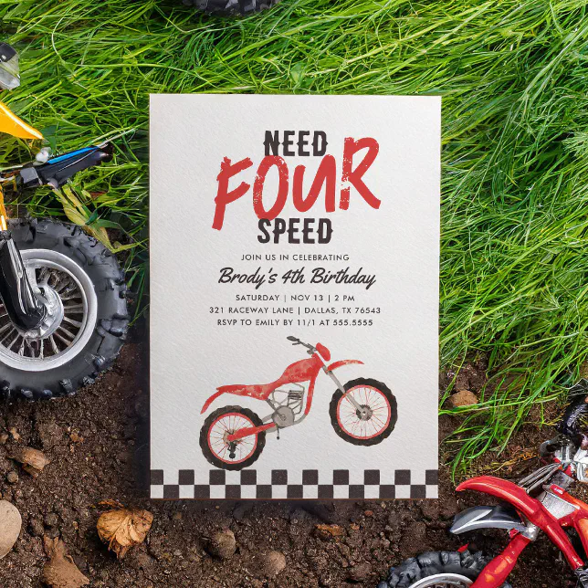 Need Four Speed Red Dirt Bike Boy 4th Birthday Invitation | Zazzle