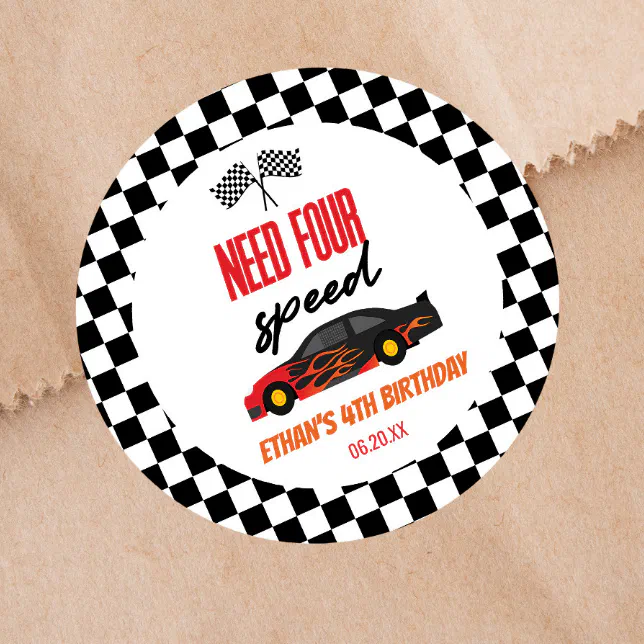 Need Four Speed Red Race Car 4th Birthday Party Classic Round Sticker ...