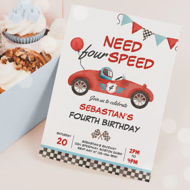 Need Four Speed Red Race Car 4th Birthday Party Invitation | Zazzle