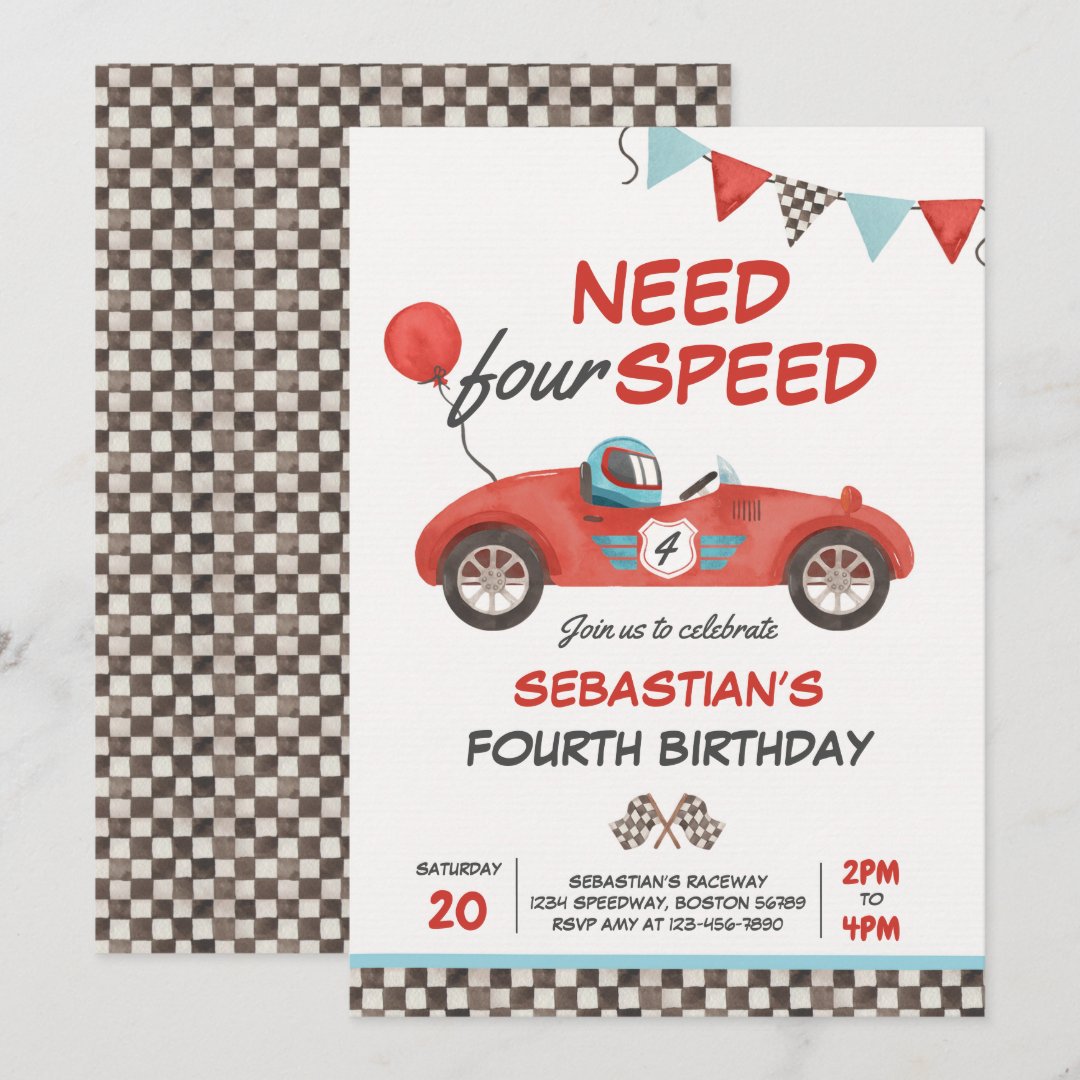 Need Four Speed Red Race Car 4th Birthday Party Invitation | Zazzle