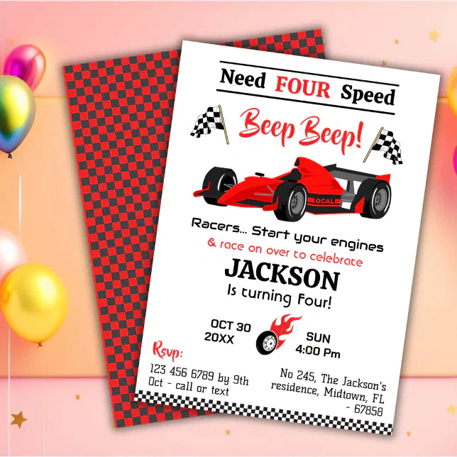 Need four speed red race sports car 4th birthday invitation | Zazzle