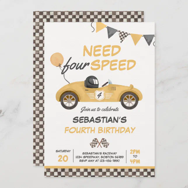 Need Four Speed Yellow Race Car 4th Birthday Party Invitation | Zazzle