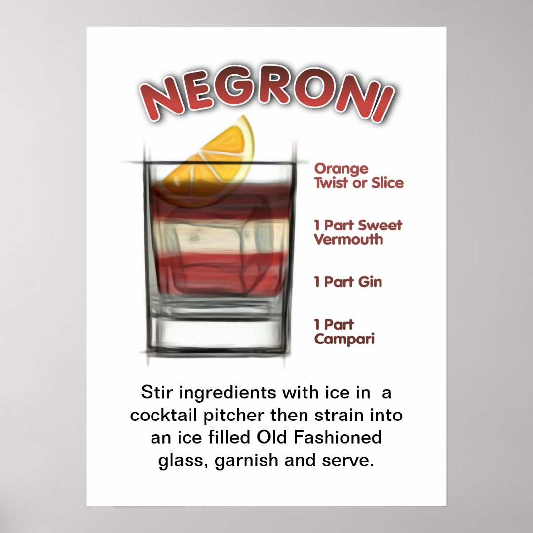 NEGRONI 18" x 24" Cocktail Recipe Art Poster | Zazzle