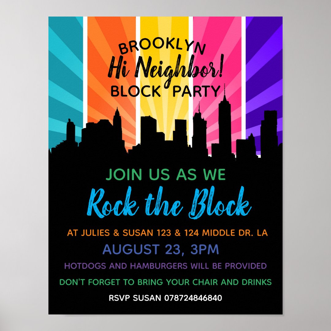 Neighborhood rock the block Block Party Invitation Poster | Zazzle