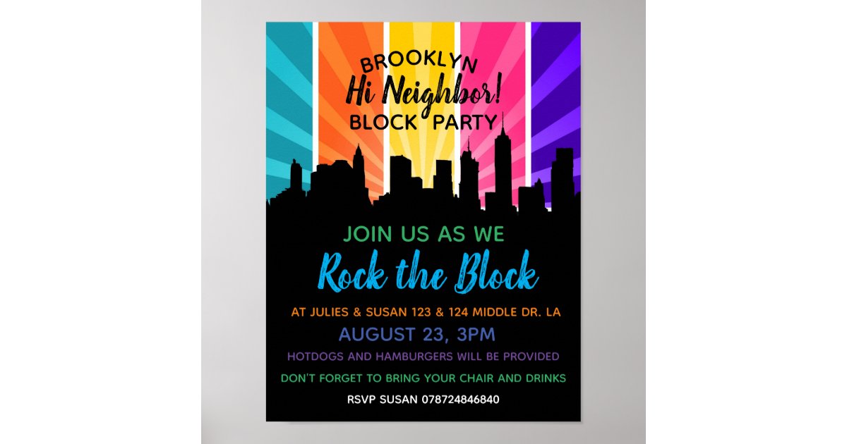 Neighborhood rock the block Block Party Invitation Poster | Zazzle