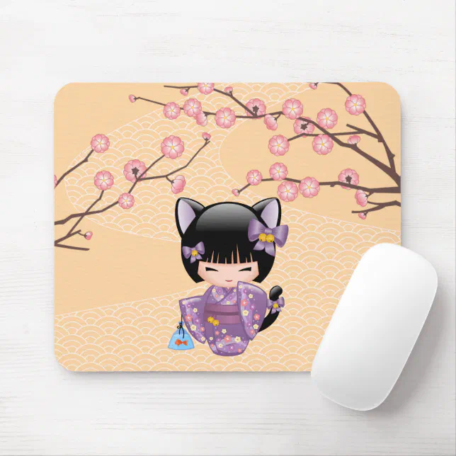 Neko Kokeshi Doll - Cat Ears Geisha Girl Mouse Pad | Zazzle