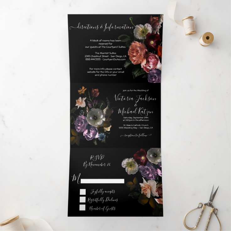 Neoclassical Moonlight Floral Dark & Moody Wedding Tri-Fold Invitation ...