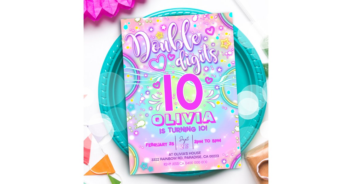 Neon 10th Birthday Invitation Double Digits | Zazzle