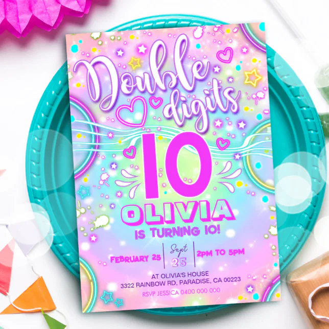 Neon 10th Birthday Invitation Double Digits | Zazzle