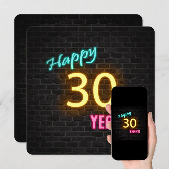 Neon 30th Birthday Sign glowing on brick Invitation | Zazzle