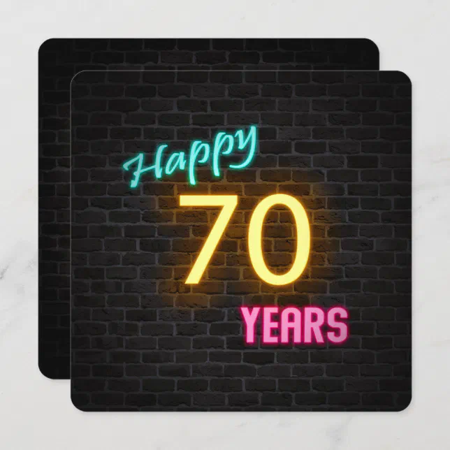 Neon 70th Birthday Sign glowing on brick Invitation | Zazzle