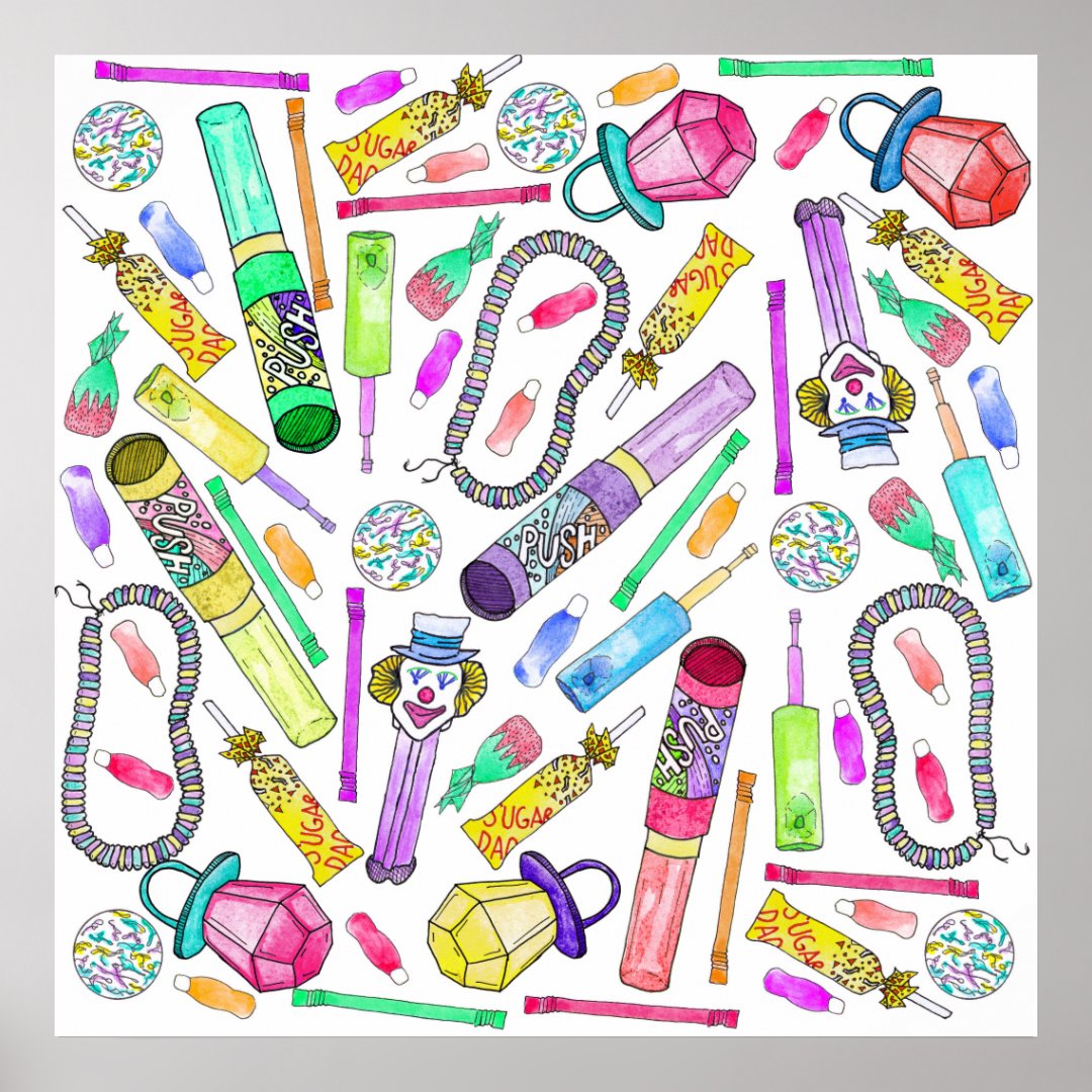 Neon 80's 90's Retro Funny Candy Pattern Poster | Zazzle