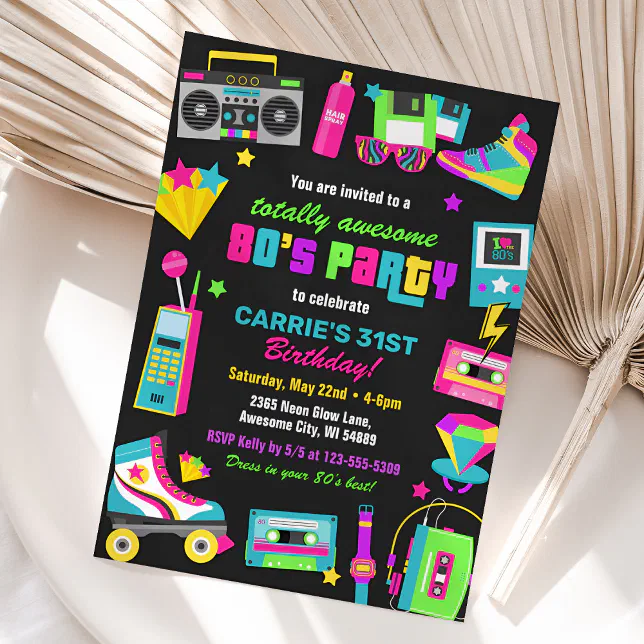Neon 80s Birthday Party Invitation | Zazzle
