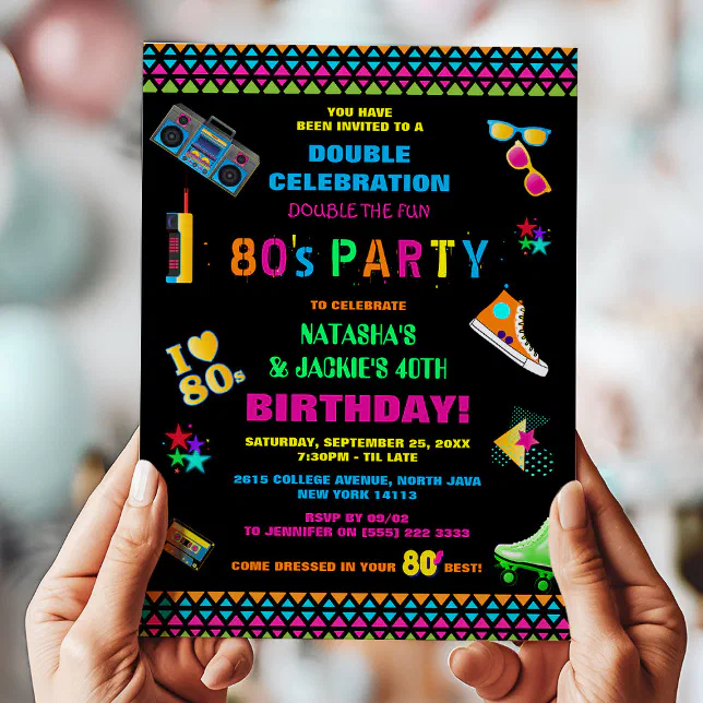 Neon 80's Joint Birthday Party Invitation | Zazzle