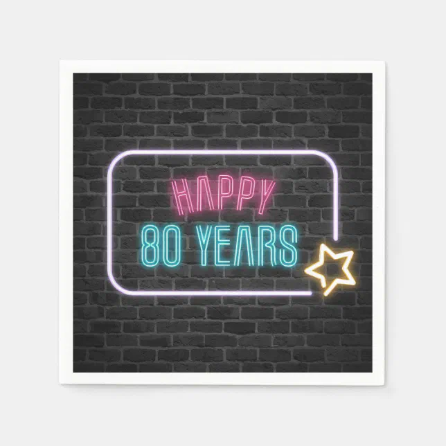 Neon 80th Birthday Marquee On Brick Napkins | Zazzle