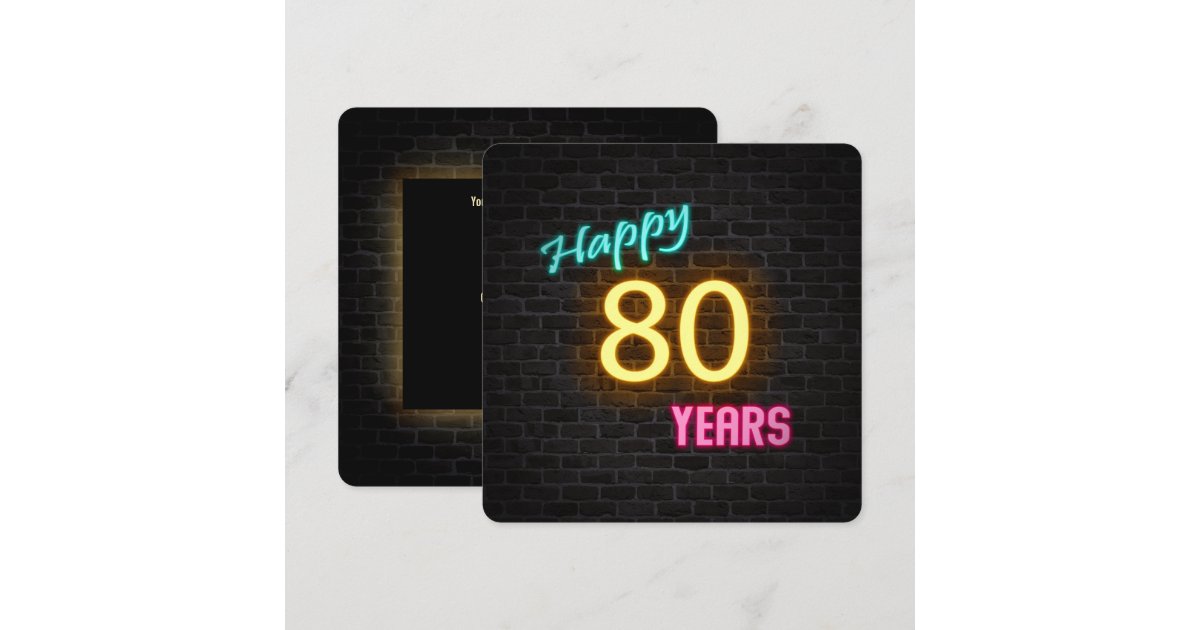 Neon 80th Birthday Sign glowing on brick Invitation | Zazzle