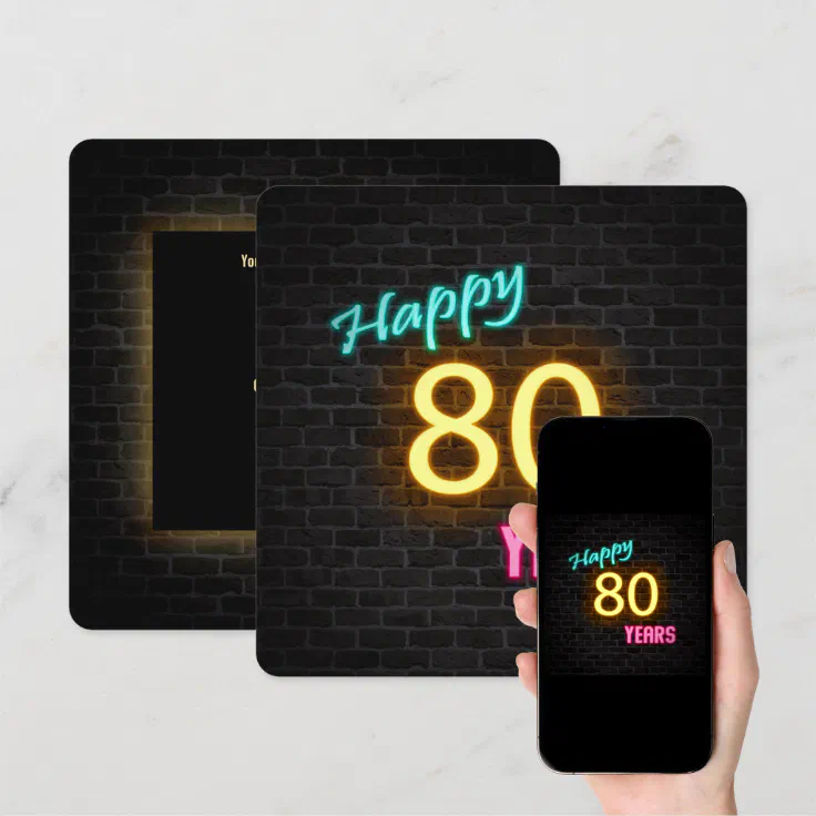 Neon 80th Birthday Sign glowing on brick Invitation | Zazzle