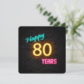 Neon 80th Birthday Sign glowing on brick Invitation | Zazzle