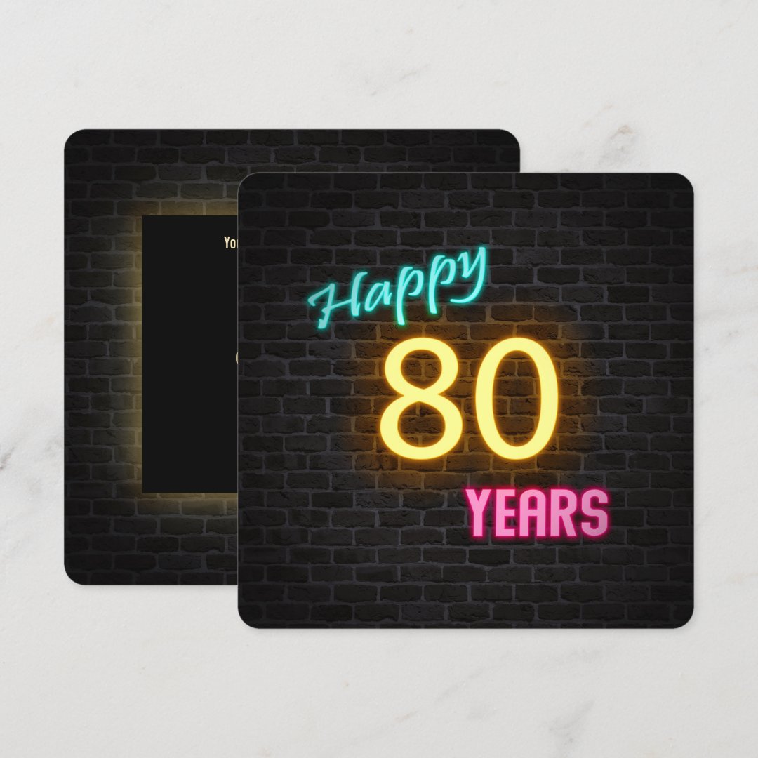 Neon 80th Birthday Sign glowing on brick Invitation | Zazzle