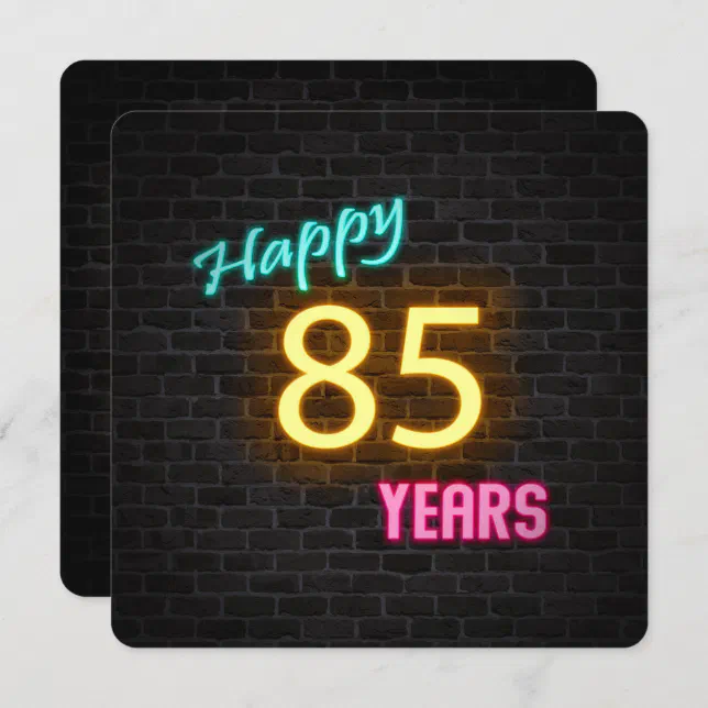 Neon 85th Birthday Sign glowing on brick Invitation | Zazzle