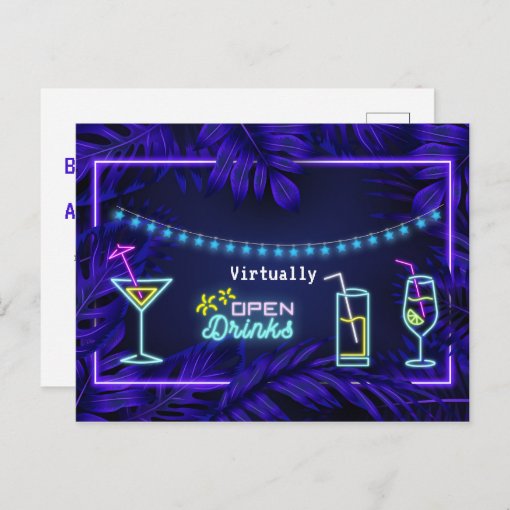 Neon Adult Virtual Drinks Birthday Party Postcard | Zazzle