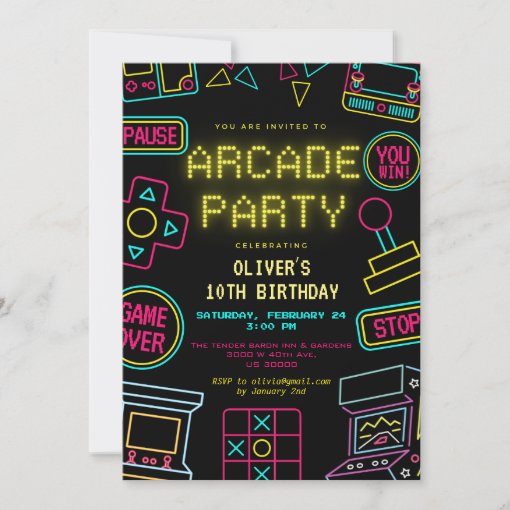 Neon Any year video games arcade birthday Invitation | Zazzle