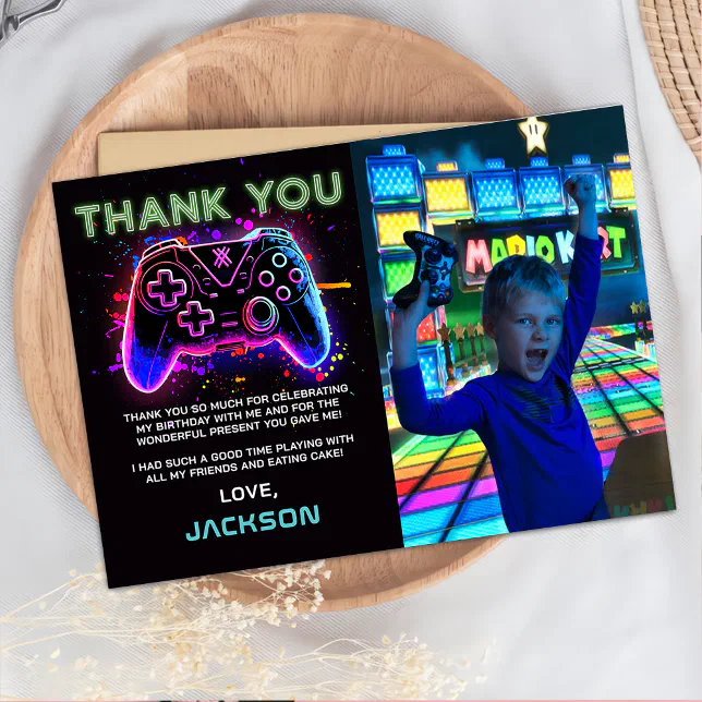 Neon Arcade Game Birthday Photo Thank You Card | Zazzle