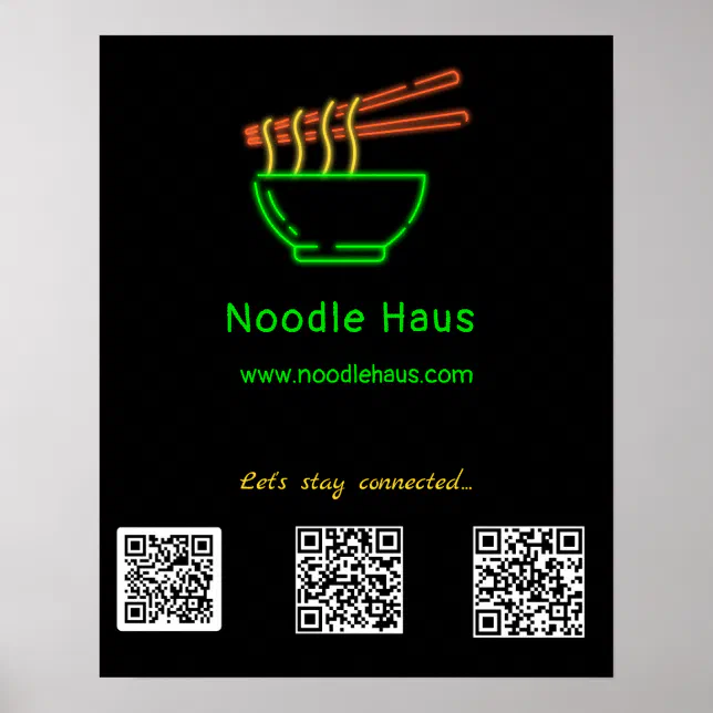 Neon Asian Noodle Bowl Social Media QR Codes Poster | Zazzle