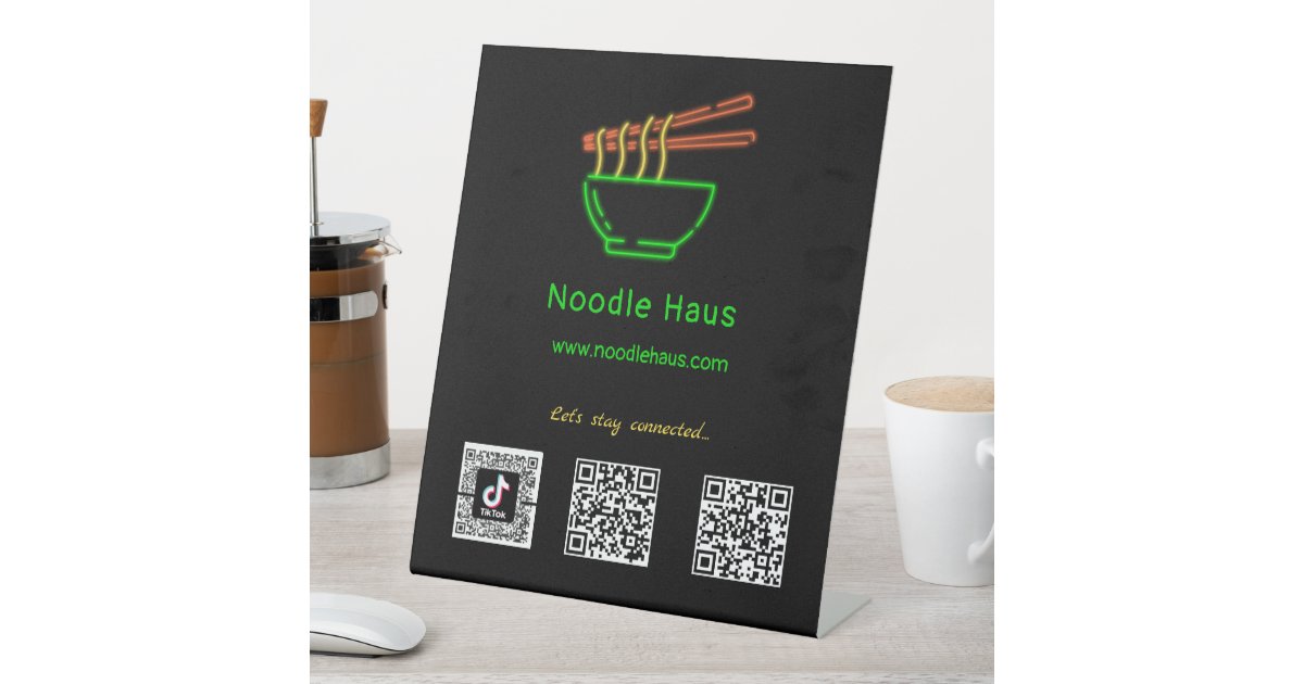 Neon Asian Noodle Bowl Social Media Scan Codes Pedestal Sign | Zazzle