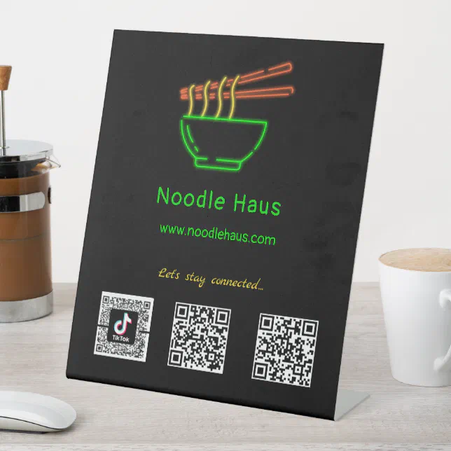 Neon Asian Noodle Bowl Social Media Scan Codes Pedestal Sign | Zazzle