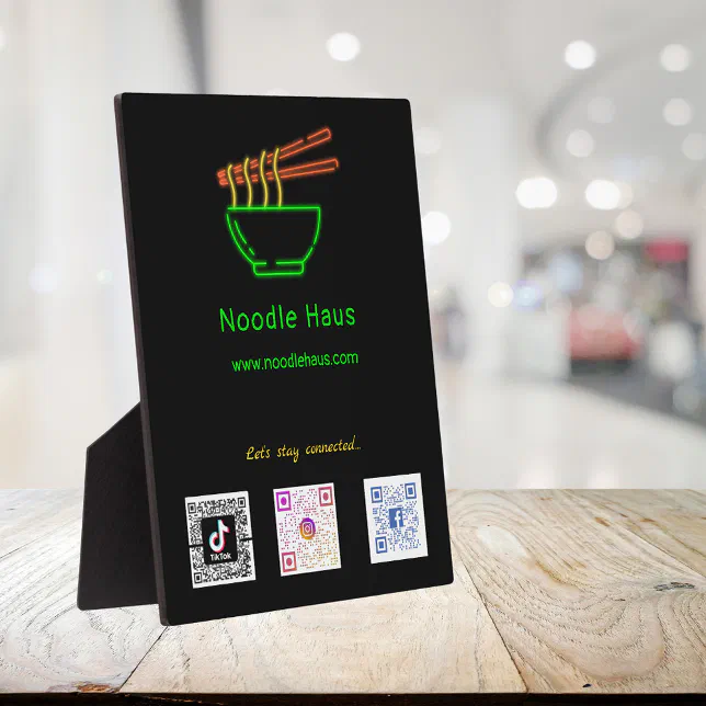 Neon Asian Noodle Bowl Social Media Scan Codes Plaque | Zazzle
