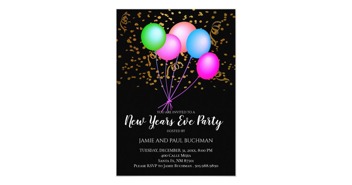 Neon Balloons Confetti New Years Eve Party Invitation | Zazzle.com
