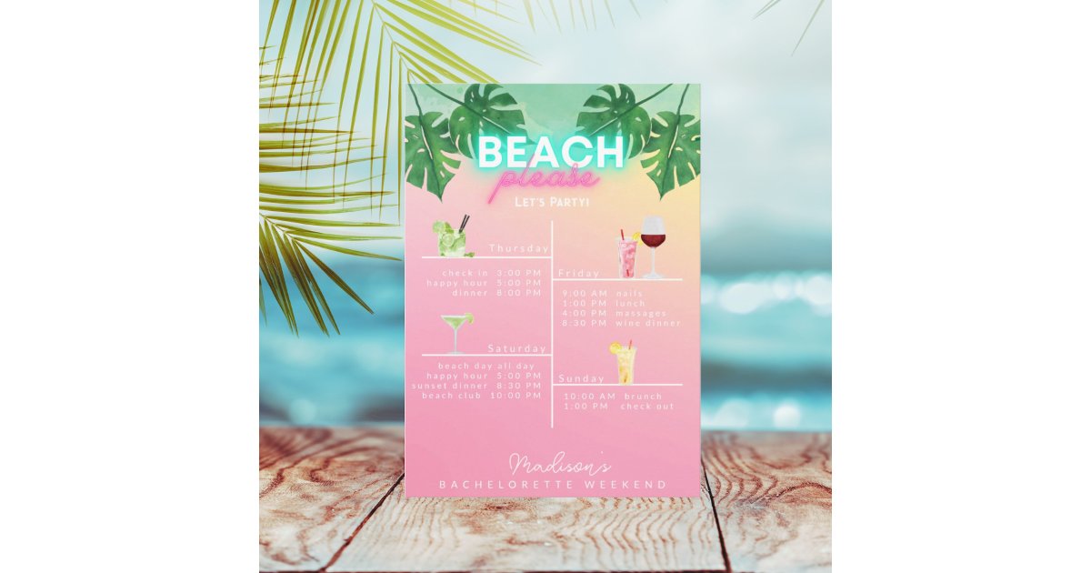 Neon Beach Please Bachelorette Weekend Itinerary Invitation | Zazzle