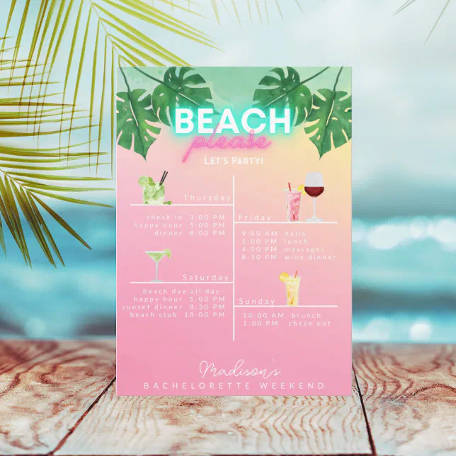 Neon Beach Please Bachelorette Weekend Itinerary Invitation | Zazzle