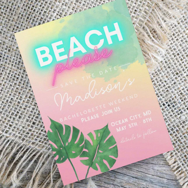 Neon Beach Please Save Date Bachelorette Party Invitation | Zazzle