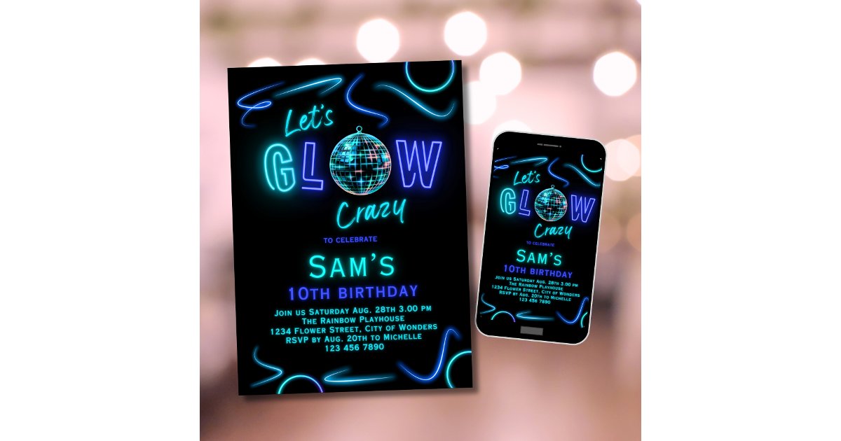 Neon Birthday Invitation Boys Let's Glow Crazy | Zazzle