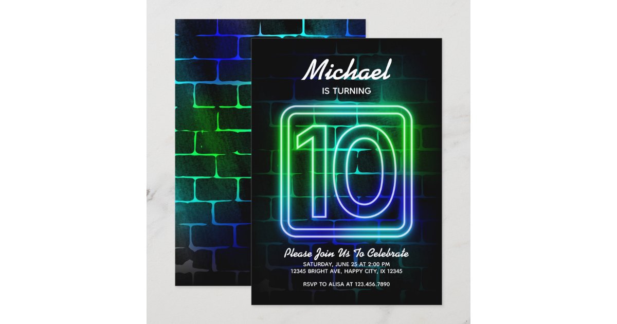 Neon Birthday invitation for Boy 10th Birthday | Zazzle