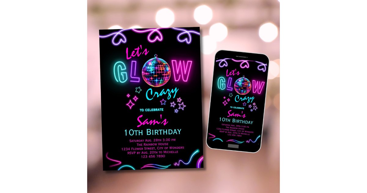 Neon Birthday Invitation Girls Let's Glow Crazy | Zazzle
