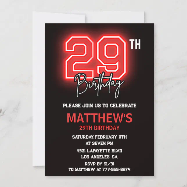 Neon Black 29th birthday invitation Men birthday | Zazzle