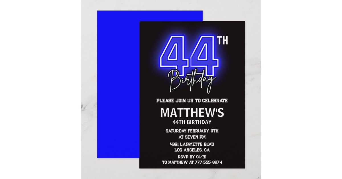 Neon Black 44th birthday invitations Men Sport | Zazzle