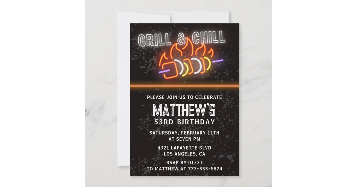 Neon Black Bbq Grill Chill 53rd birthday Invitation | Zazzle