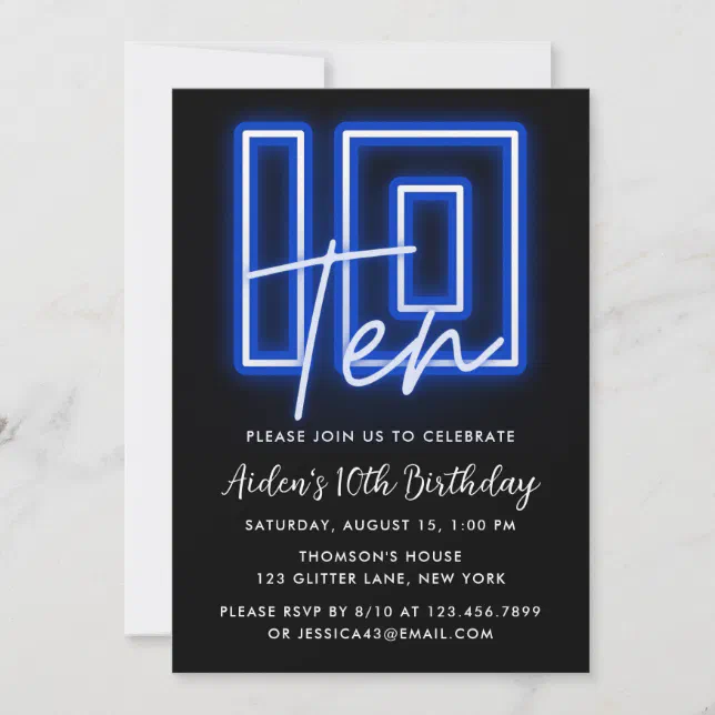 Neon Blue 10th Birthday Invitation | Zazzle