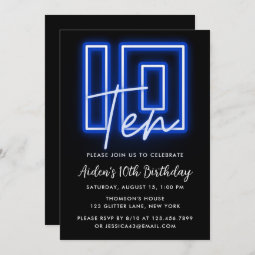 Neon Blue 10th Birthday Invitation | Zazzle