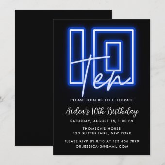 Neon Blue 10th Birthday Invitation | Zazzle