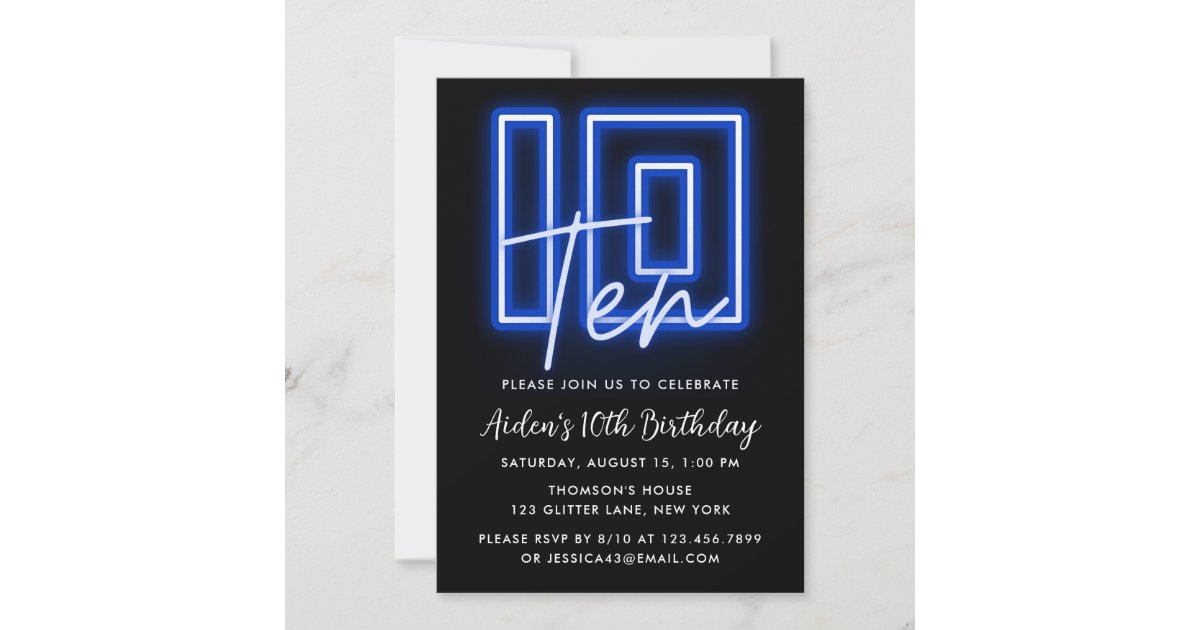 Neon Blue 10th Birthday Invitation | Zazzle